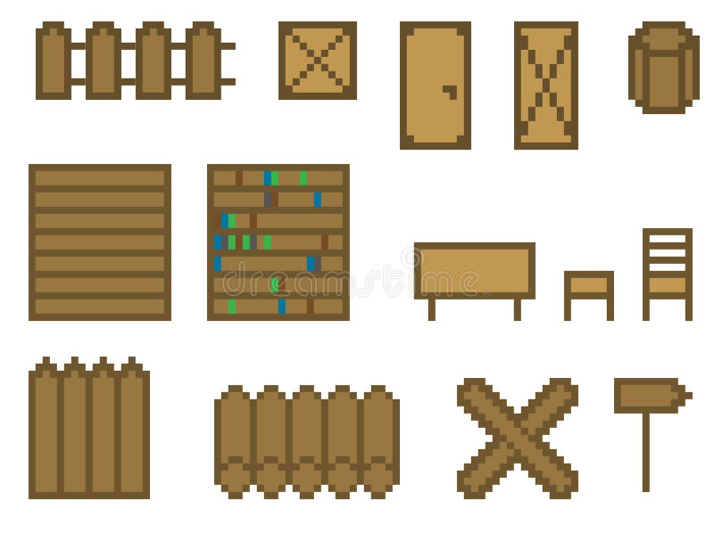 Pixel art wooden items set stock illustration. Illustration of game ...