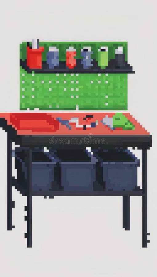 Pixel Art Workshop Table with Tools and Storage Bins Stock Photo ...