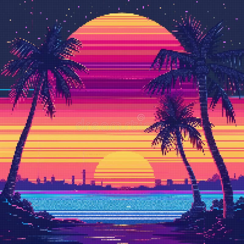 Pixel Beach Sunset Sunrise with Palm Trees. Sun Reflection in Water ...