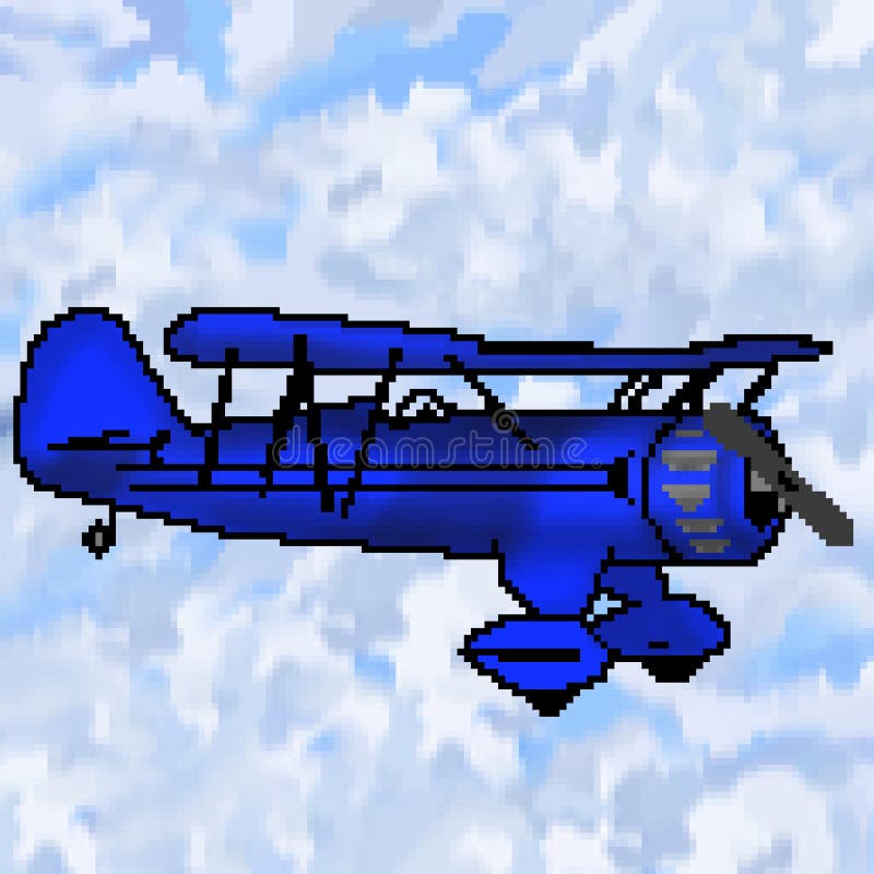 Pixel 8 Bit Drawn Blue Antique Plane with Multicolored Cloudy Sky Stock ...
