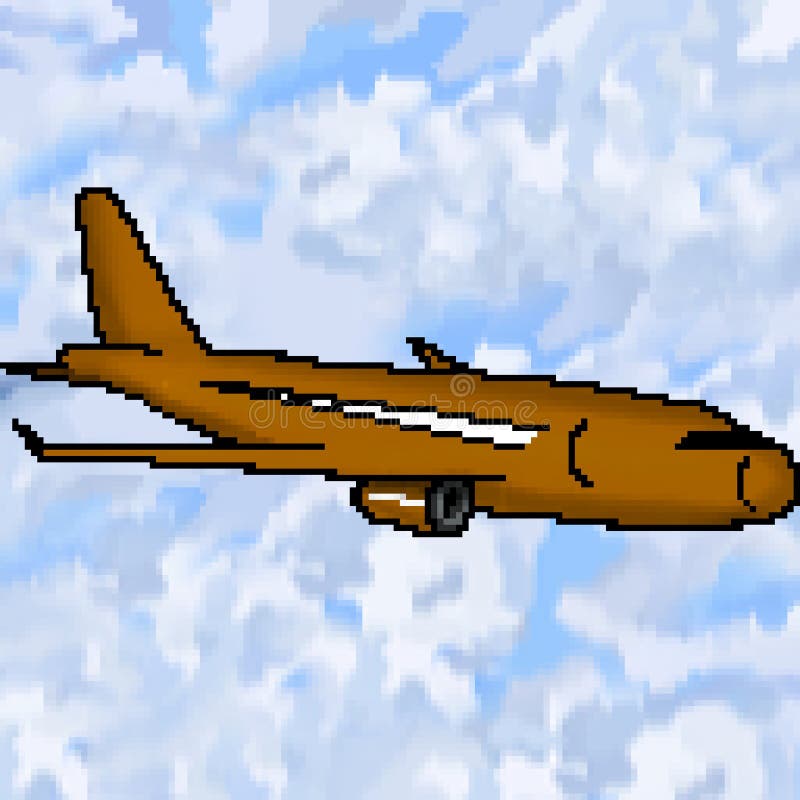 Pixel 8 Bit Drawn Brown Passenger Jet Plane with Cloudy Sky Stock ...