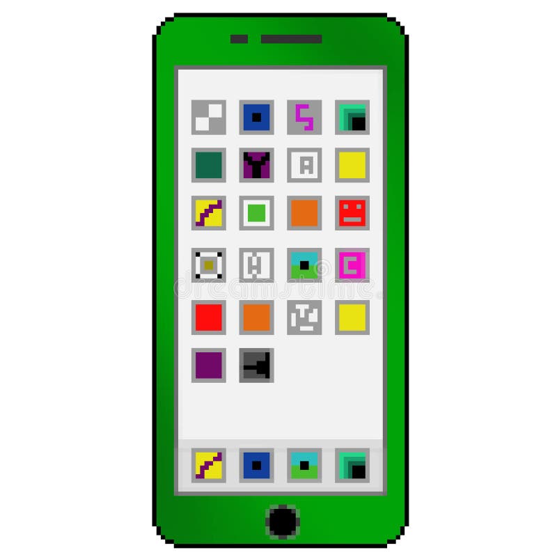 Pixel 8 Bit Drawn Green Cell Phone with Generic Apps on the Screen ...