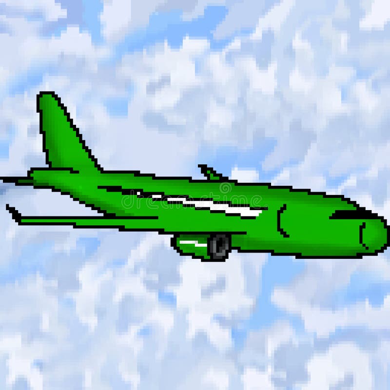 Pixel 8 Bit Drawn Green Passenger Jet Plane with Cloudy Sky Stock ...