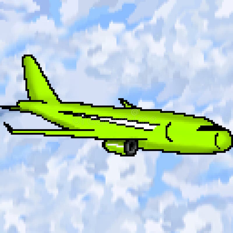 Pixel 8 Bit Drawn Green Passenger Jet Plane with Cloudy Sky Stock ...