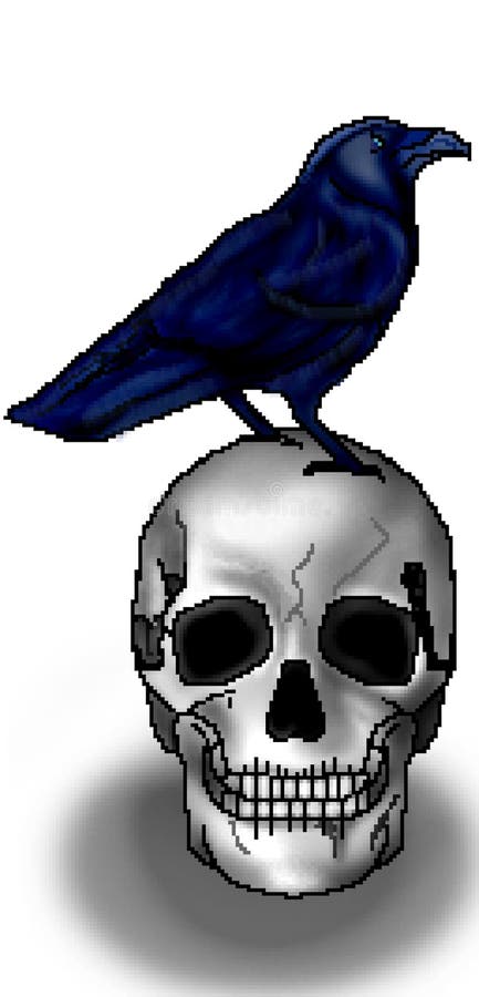 Pixel 8 Bit Drawn Large Silhouette Raven Perched on a Skull Stock ...