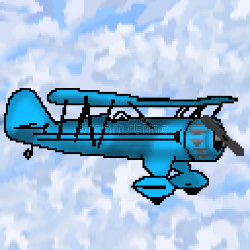Pixel 8 Bit Drawn Light Blue Antique Plane with Multicolored Cloudy Sky ...