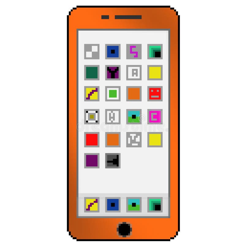 Pixel 8 Bit Drawn Orange Cell Phone with Generic Apps on the Screen ...