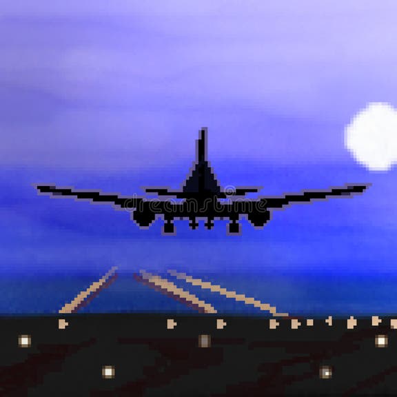 Pixel 8 Bit Drawn Plane Landing during Nighttime Flight Stock ...