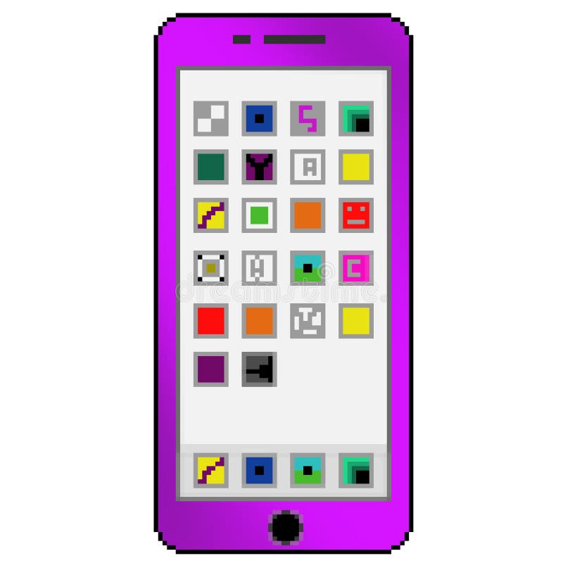 Pixel 8 Bit Drawn Purple Cell Phone with Generic Apps on the Screen ...