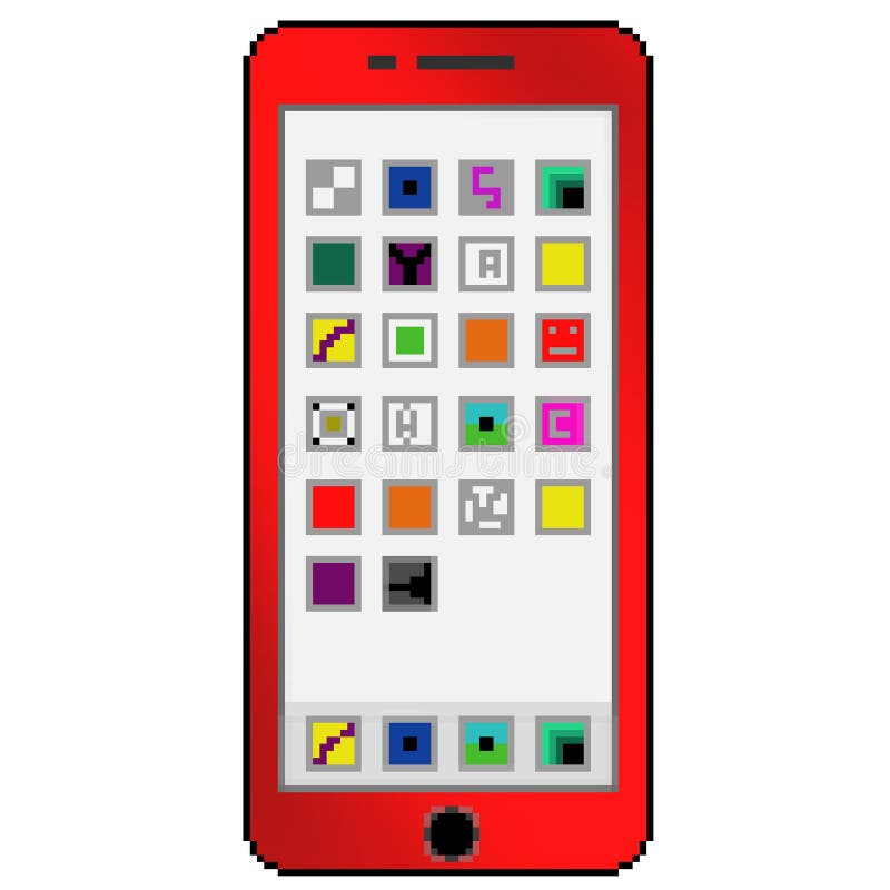 Pixel 8 Bit Drawn Red Cell Phone with Generic Apps on the Screen Stock ...
