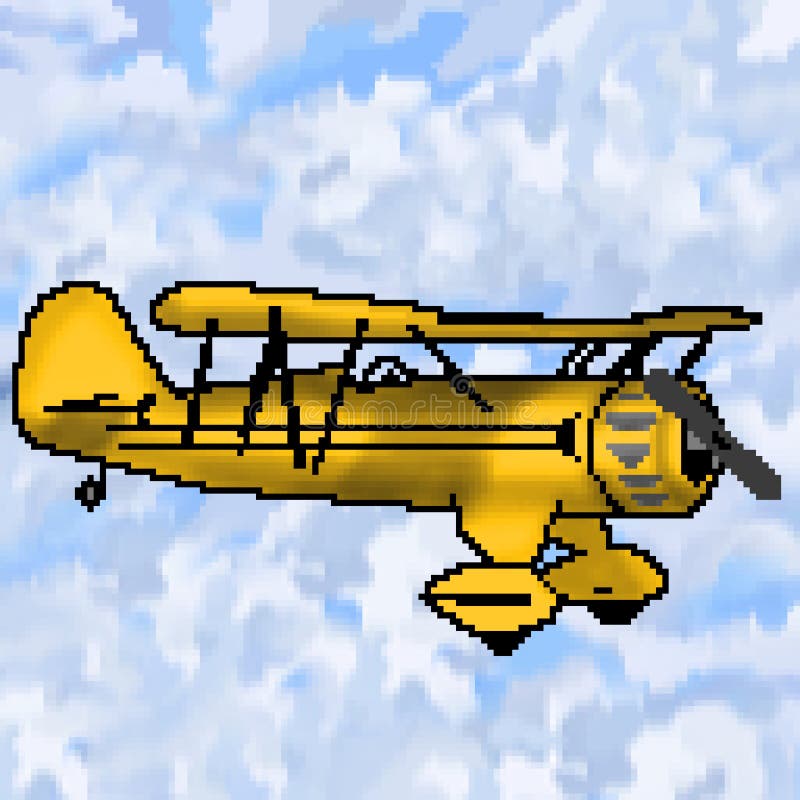Pixel 8 Bit Drawn Yellow Antique Plane with Multicolored Cloudy Sky ...