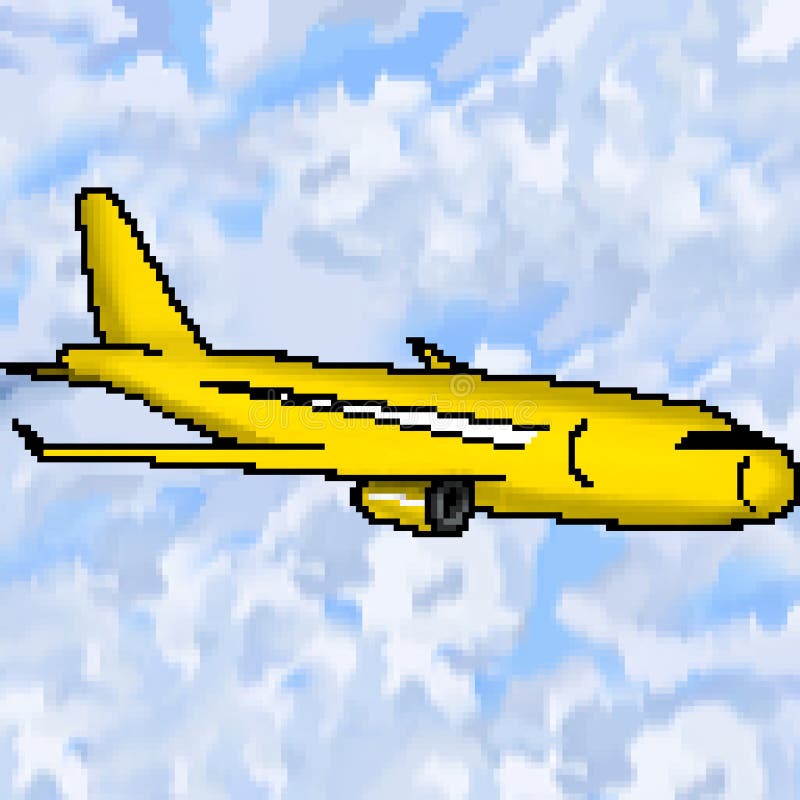 Pixel 8 Bit Drawn Yellow Passenger Jet Plane with Cloudy Sky Stock ...