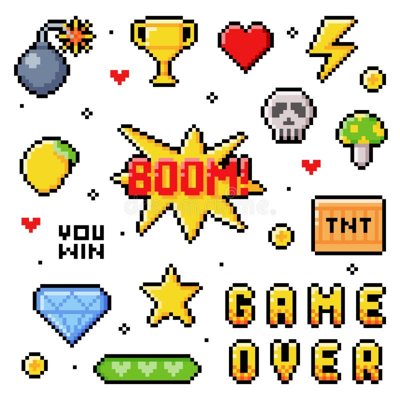 Pixel 8-bit Objects and Video Game Style Element Vector Set Stock ...