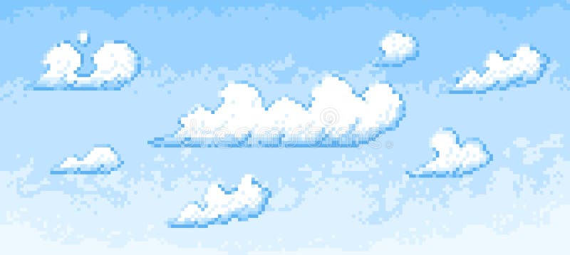 Pixel Blue Sky Background. Cartoon Nature Cloudy Sky with White Fluffy ...