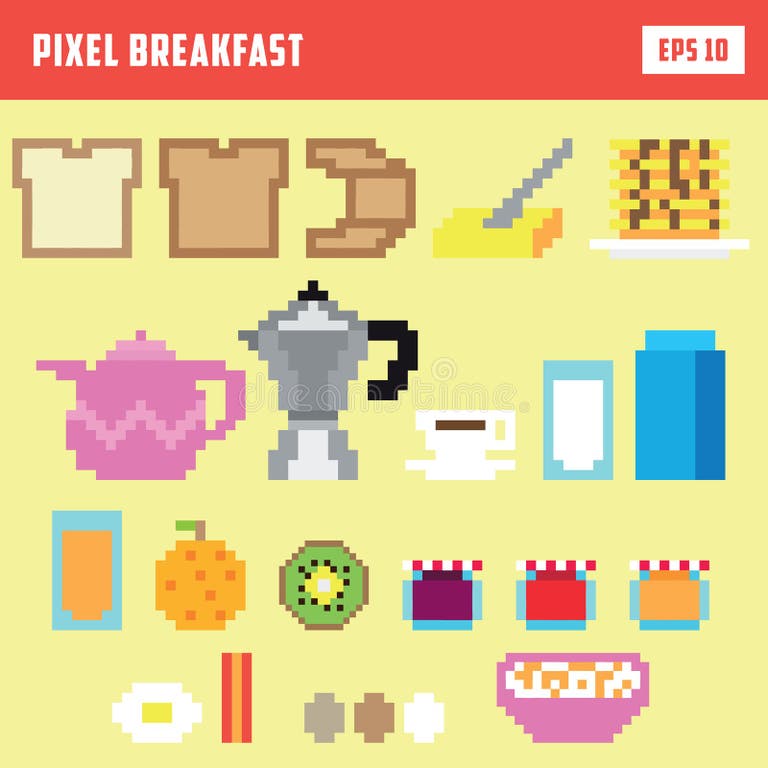Pixel Breakfast, Isolated Vector Icon Set Stock Vector - Illustration ...