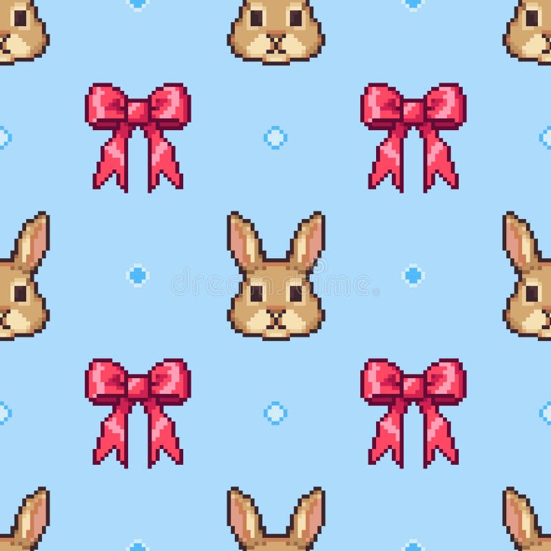 Seamless Pixel Art Pattern of Cute Brown Bunnies and Red Satin Bows in ...