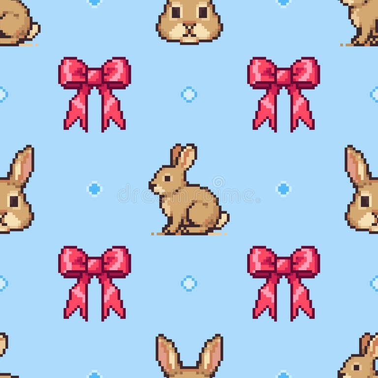 Seamless Pixel Art Pattern of Cute Brown Bunnies and Red Satin Bows in ...