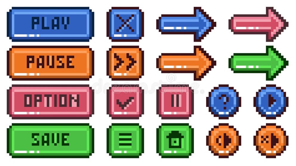 Pixel Buttons. Retro Video Game or App Navigation, Menu Panel Elements ...