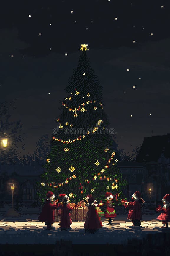 Pixel Carolers Singing in Front of a Lit Christmas Tree. Stock ...