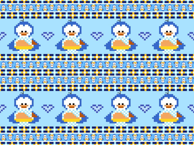Penguin Cartoon Character Seamless Pattern on Blue Background.Pixel ...