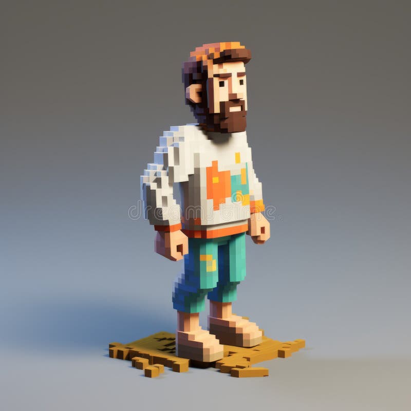 Colorful 8-bit Pixel Character in White Shirt Standing on Rock Stock ...