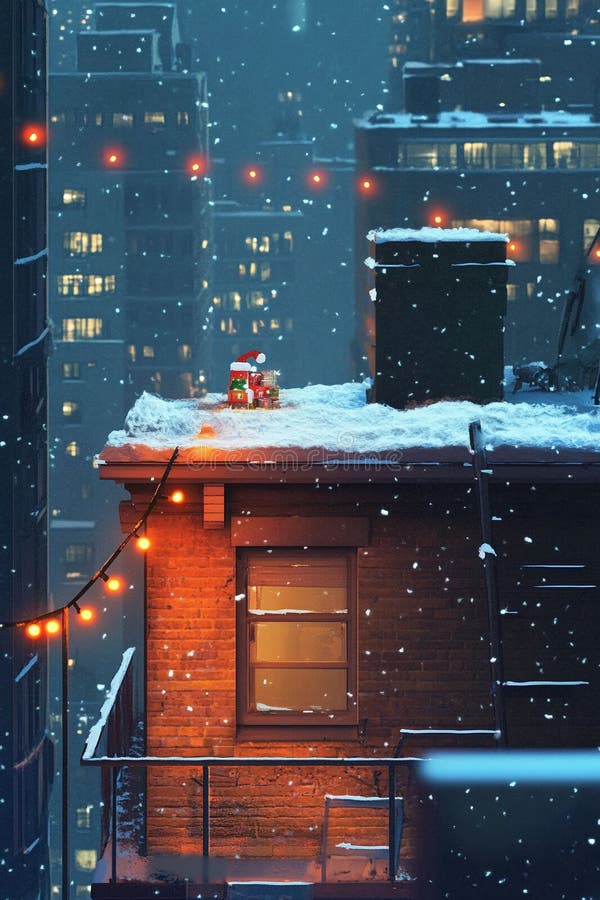 Pixel Christmas Lights Twinkling on a Snowy Rooftop. Stock Illustration ...