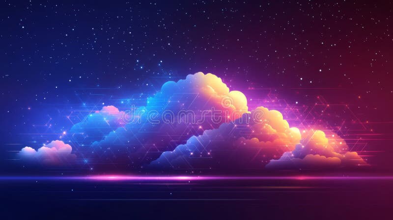 Pixel Cloud Night Sky with Neon Glow Stock Illustration - Illustration ...