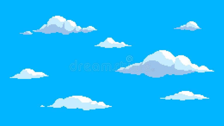 Pixel Cloud Set. Flying Clouds on Blue Sky. 8-bit Sky, Retro Style ...
