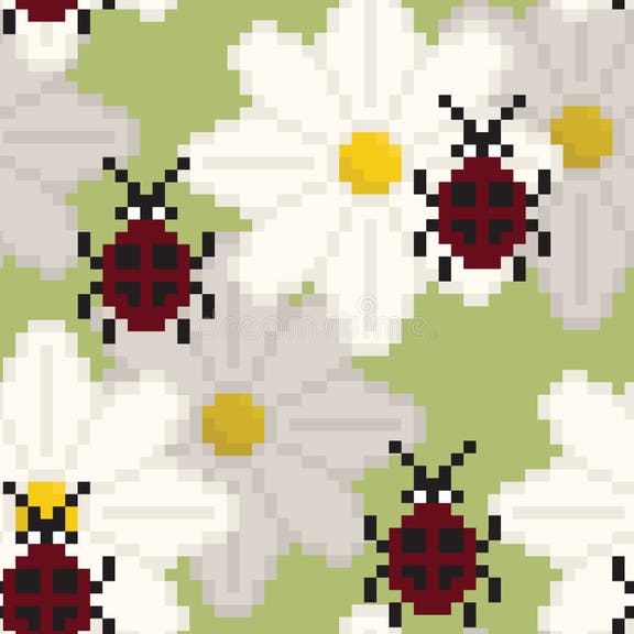 Pixel Ladybugs and Flowers Pattern Stock Vector - Illustration of pixel ...