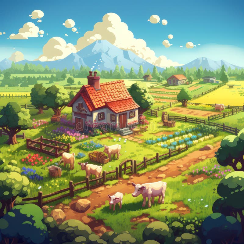 Pixel Countryside Farm in a Charming Setting Stock Illustration ...