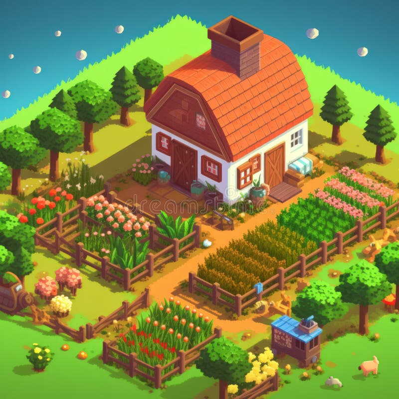 Pixel Countryside Farm in a Charming Setting Stock Illustration ...
