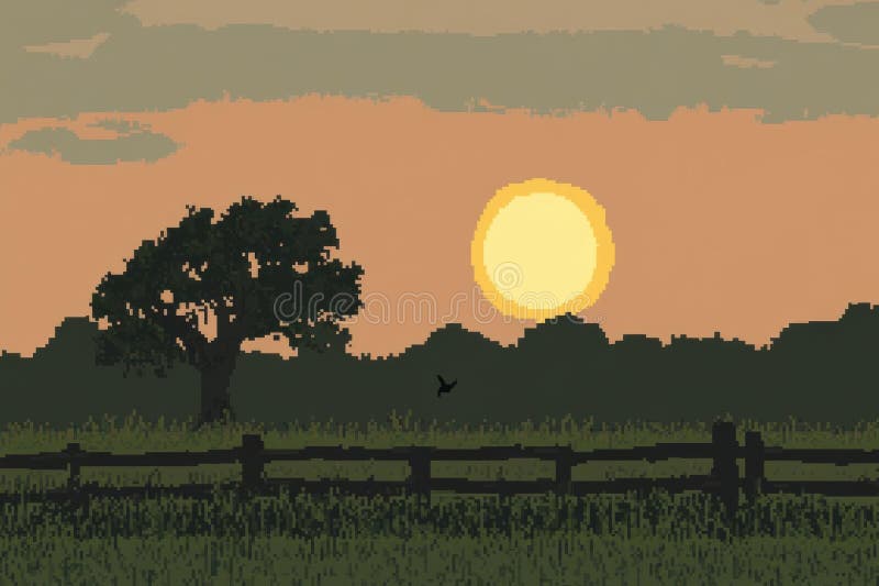 Pixel Countryside at Sunset with Tree, Fence, and Bird in Flight ...