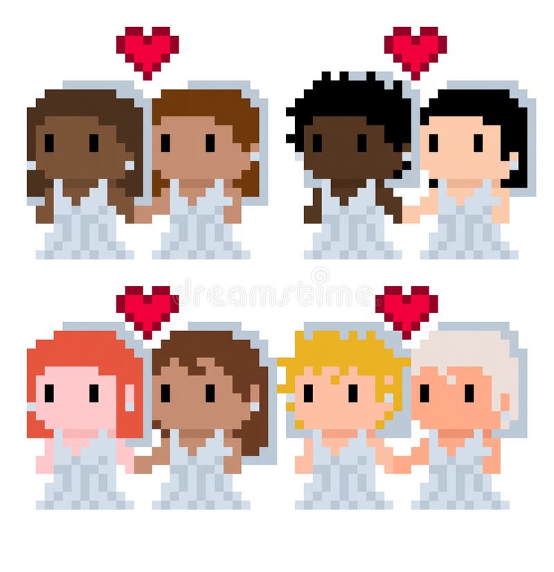 Pixel Couples of Diverse Women in Love Getting Married - Vector ...