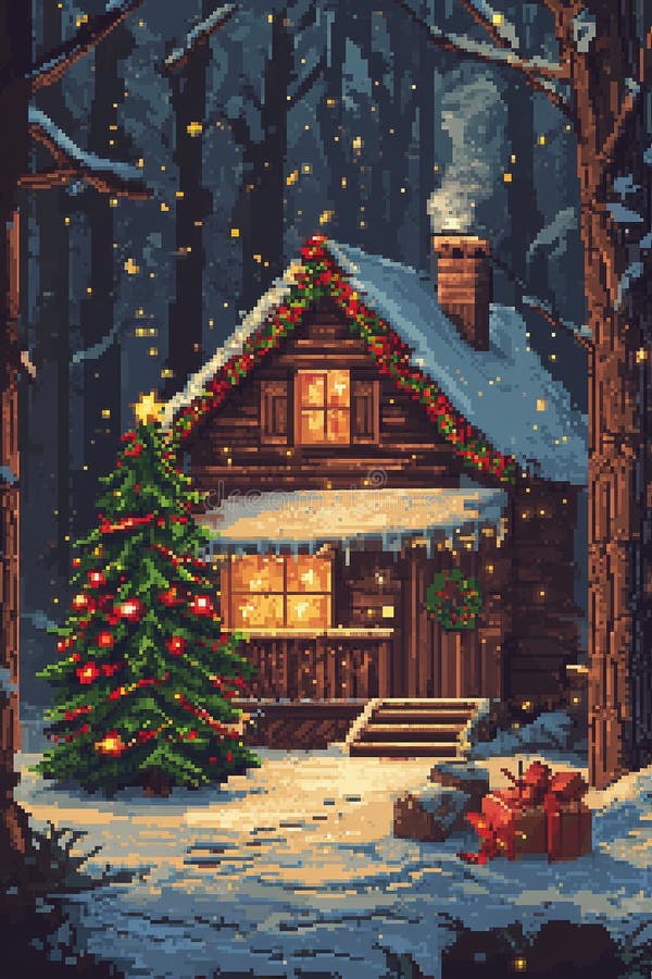 Pixel Cozy Cabin in the Woods with a Christmas Tree Outside. Stock ...