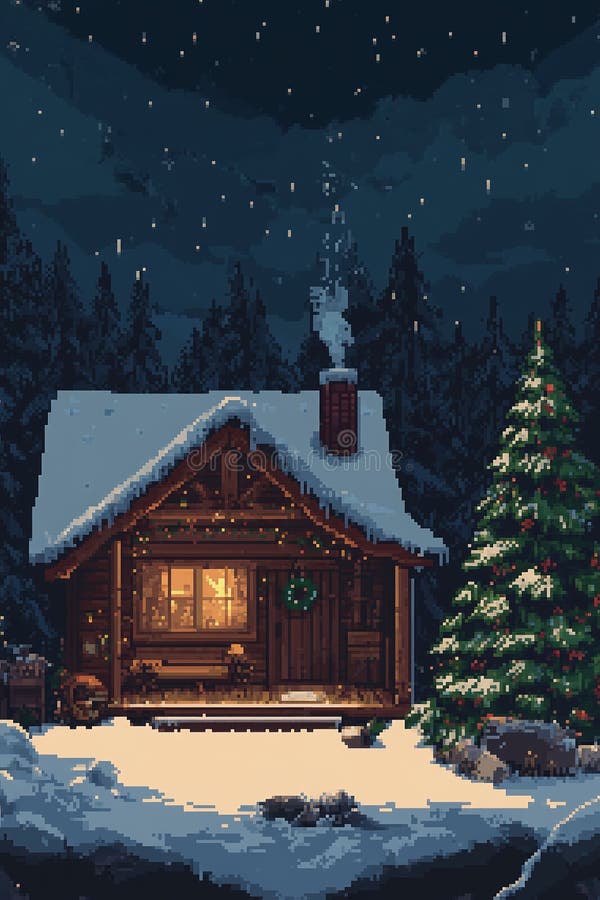 Pixel Cozy Cabin in the Woods with a Christmas Tree Outside. Stock ...