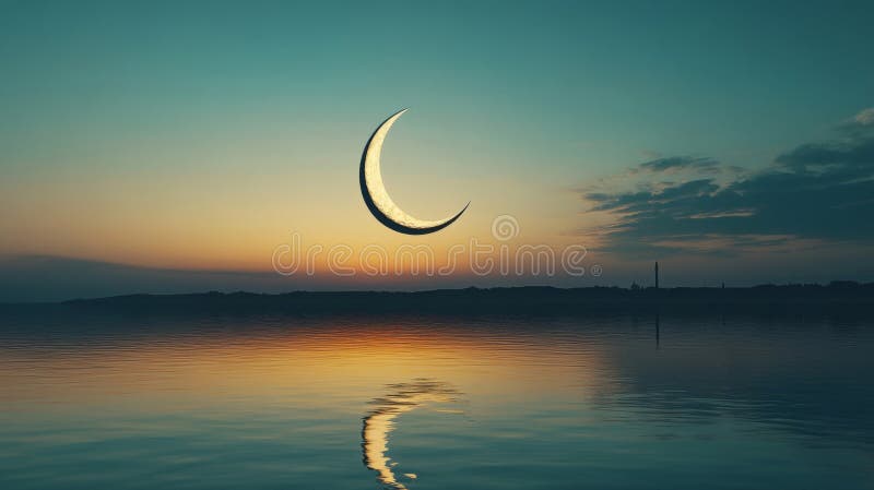 Pixel Crescent Moon Over Calm Water at Sunset Stock Illustration ...