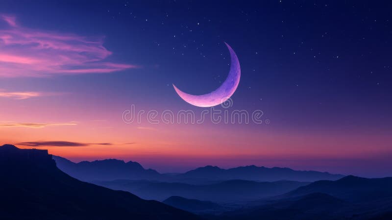 Pixel Crescent Moon Over Purple Sunset Mountains Stock Illustration ...
