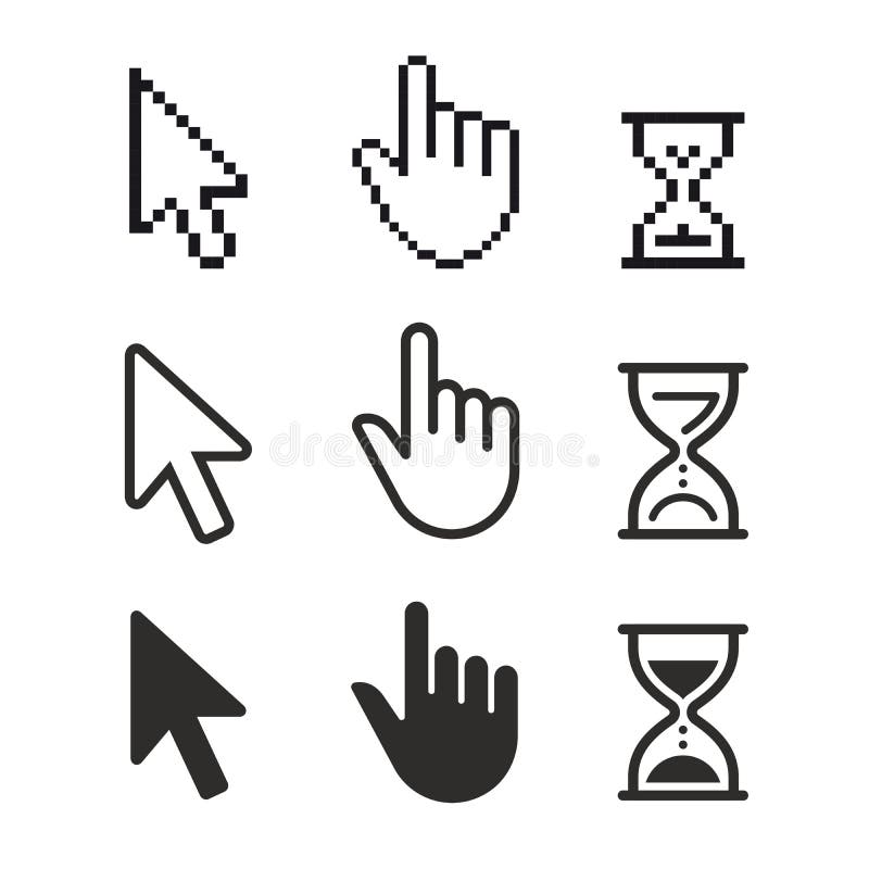 Pixel Cursors Icons: Mouse Hand Arrow Hourglass. Stock Vector ...