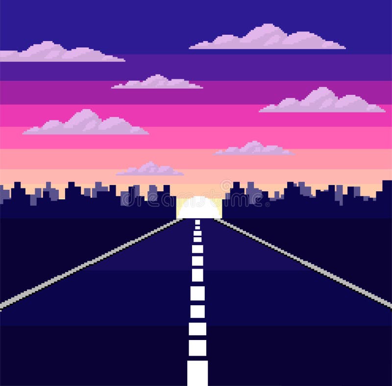 Pixel Design, Vintage Retro, 8-bit Game Sunset Road Graphic Background ...