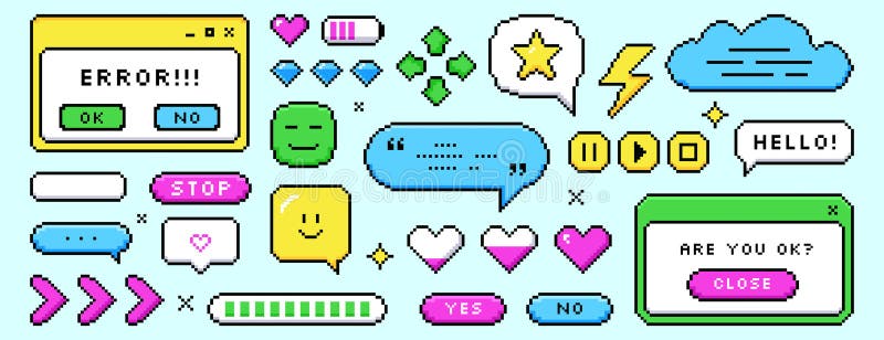 Pixel Dialogue Boxes, Speech Bubbles, Buttons, Message Frames and Retro ...