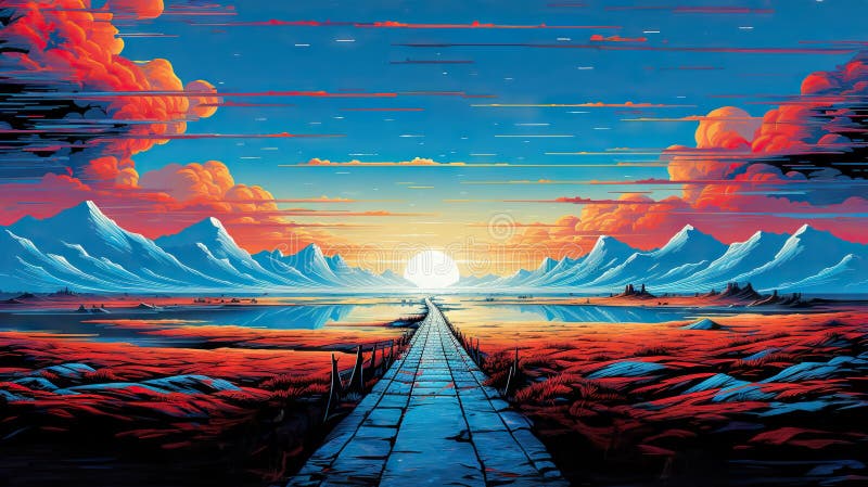 Pixel Dreams Retro Digital Computer Graphics Pixel Art Landscape - Blue ...