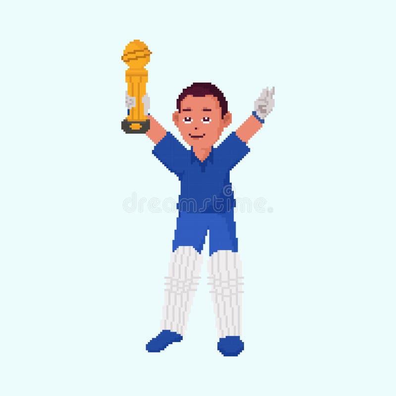 Pixel Effect Cricket Player Man Holding Trophy Cup Against Pastel Blue ...