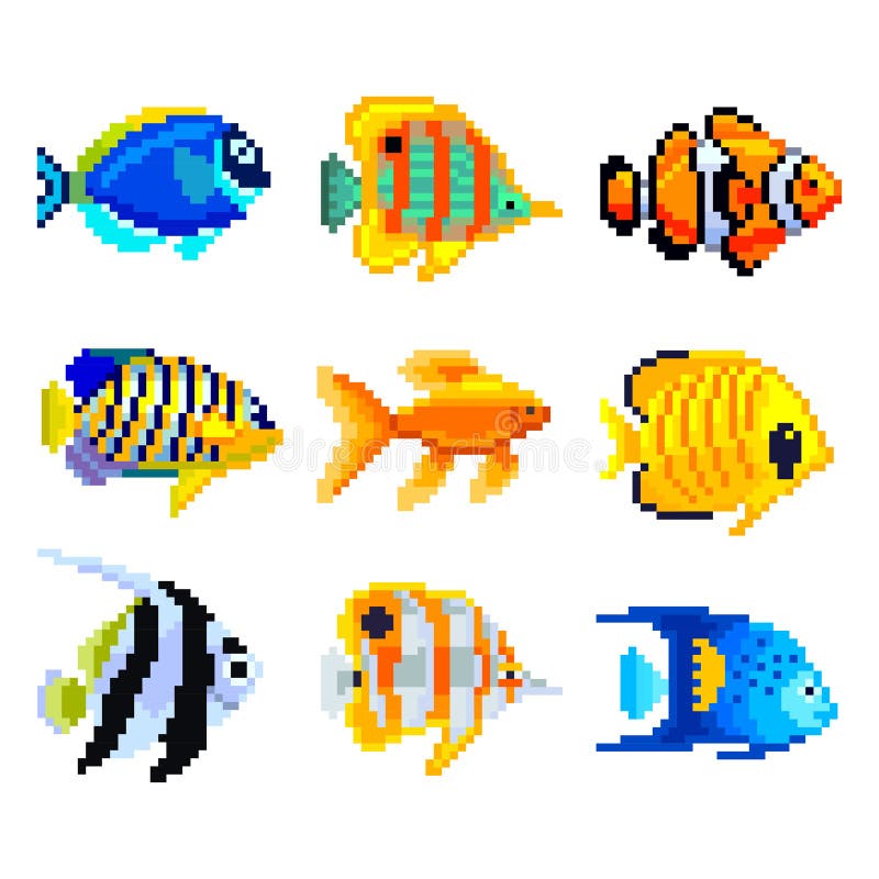 Pixel Exotic Fish for Games Icons Vector Set Stock Vector ...