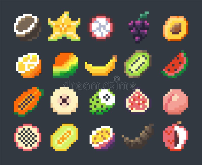 Pixel Exotic Fruits. Cartoon Stylized Fruit Icons for 2D Game, 8-bit ...
