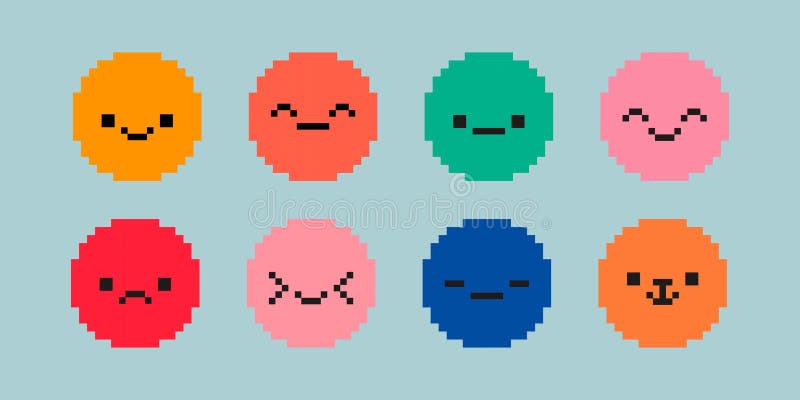 Pixel Face Set. Various Pixel Art Faces, Happy and Sad. 8bit Acid Style ...