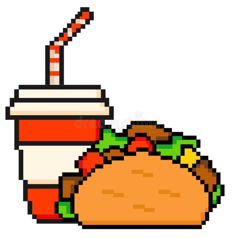 Fast Food Pixeled Art Tacos and a Drink. Trendy Retro Pixel Art Stock ...