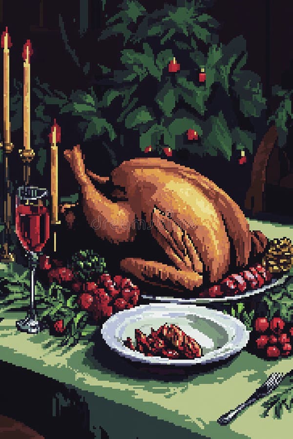 Pixel Festive Dinner Table with a Roasted Turkey and Holiday ...