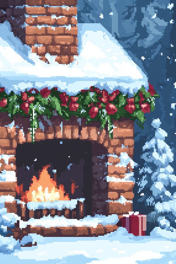 Pixel Festive Garland Draped Over a Snowy Mantle. Stock Illustration ...