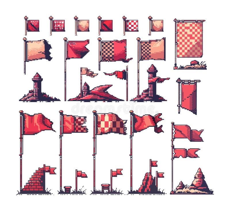 Pixel Flags. Red 8 Bit Wavy Banner Winners Achievements Symbol ...