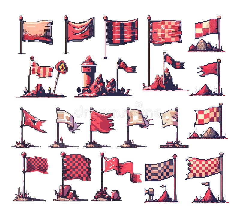 Pixel Flags Vector Set. Red Wavy Banner Achievements Winners 8 Bit ...